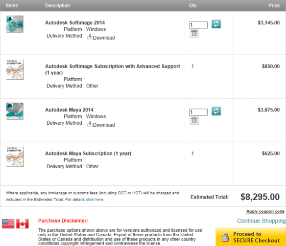 Some pricing info from the Autodesk Store | eX-SI